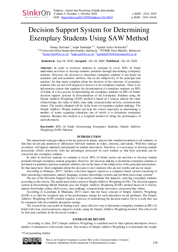 (PDF) Decision Support System For Determining Exemplary Students Using SAW Method
