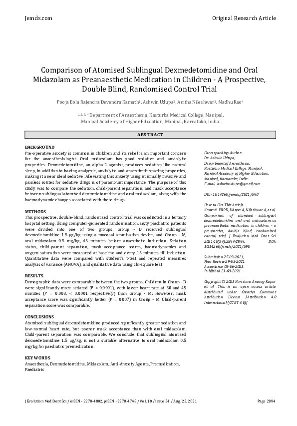 (PDF) Comparison of Atomised Sublingual Dexmedetomidine and Oral ...