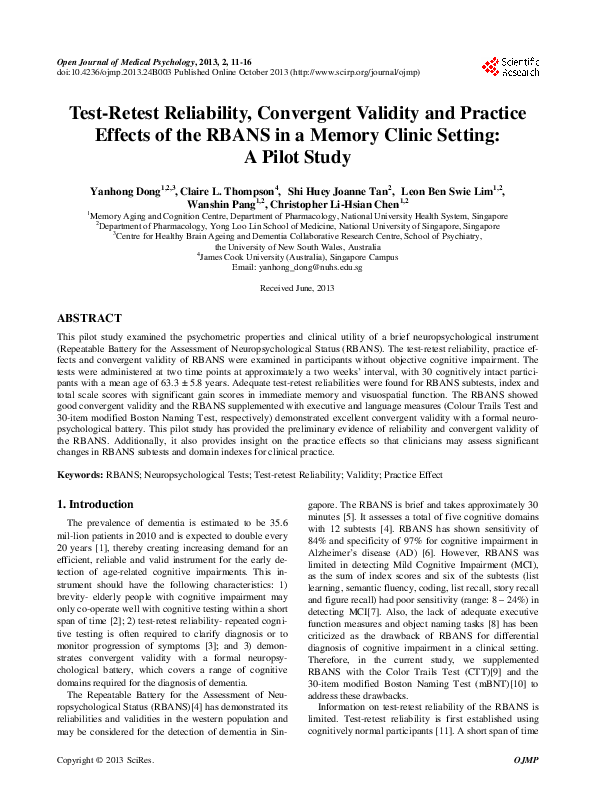 (PDF) Test-Retest Reliability, Convergent Validity and Practice Effects ...