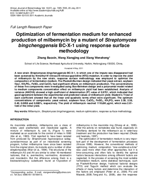 (PDF) Medium optimization for meilingmycin production by Streptomyces nanchangensis using ...