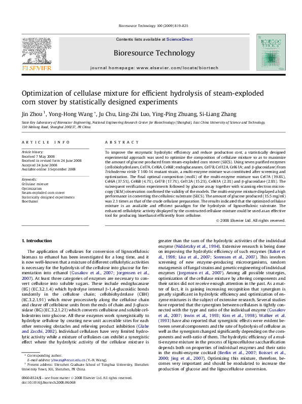 Optimization of cellulase mixture for efficient hydrolysis of steam-exploded corn stover by ...