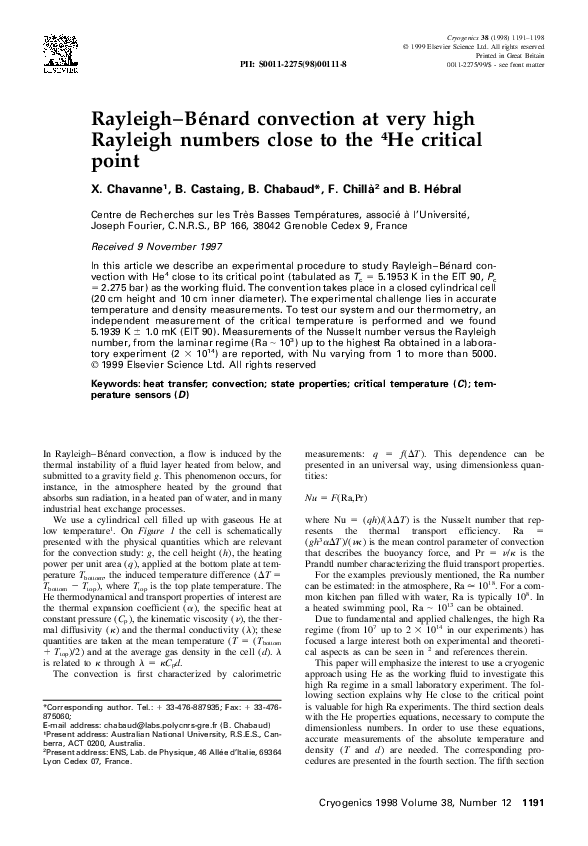 (PDF) Rayleigh–Bénard convection at very high Rayleigh numbers close to ...