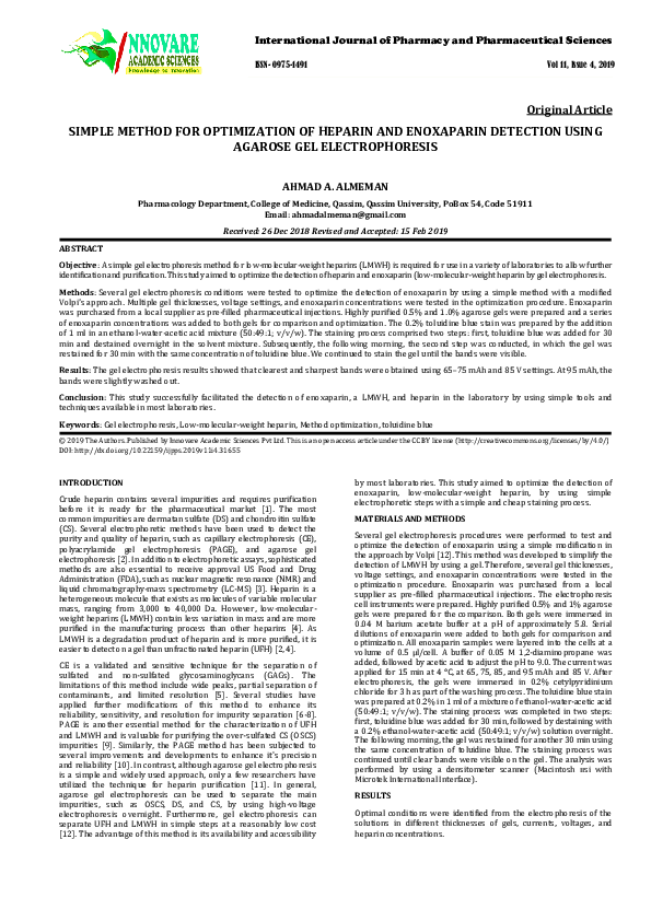 (PDF) SIMPLE METHOD FOR OPTIMIZATION OF HEPARIN AND ENOXAPARIN DETECTION USING AGAROSE GEL ...