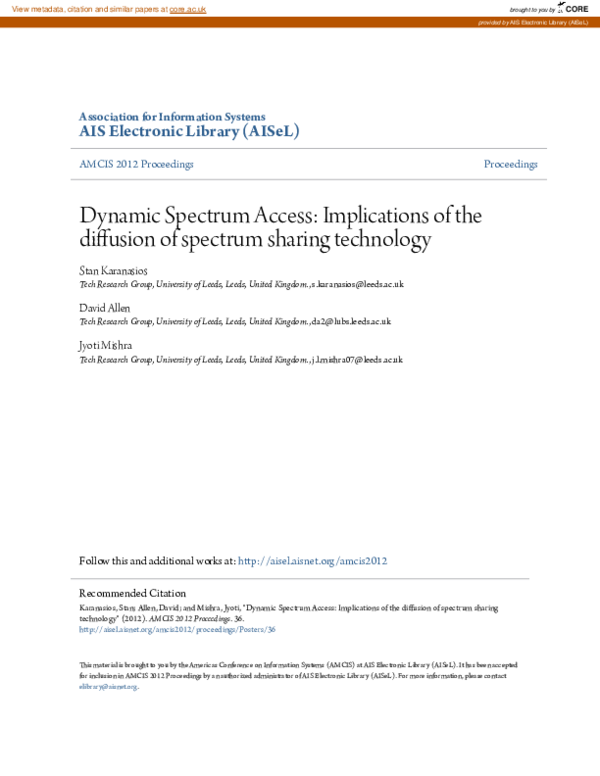 (PDF) Dynamic Spectrum Access: Implications of the diffusion of spectrum sharing technology ...