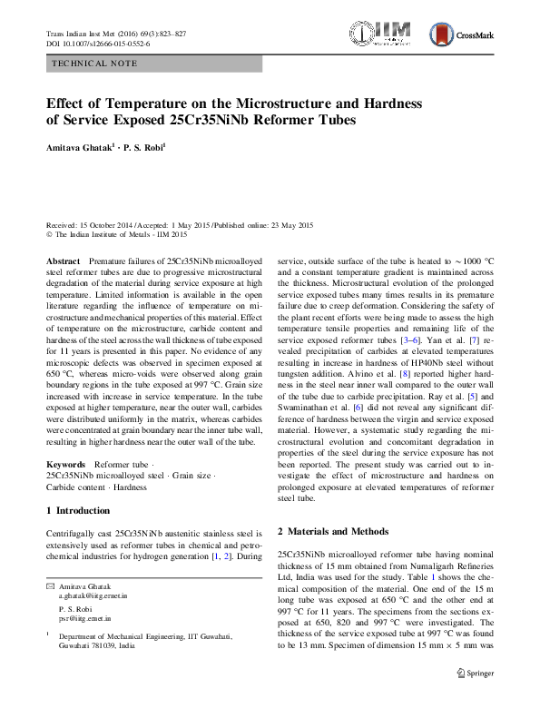 (PDF) Effect of Temperature on the Microstructure and Hardness of Service Exposed 25Cr35NiNb ...