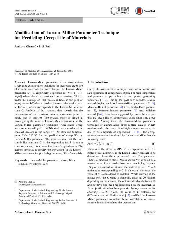 (PDF) Modification of Larson–Miller Parameter Technique for Predicting ...