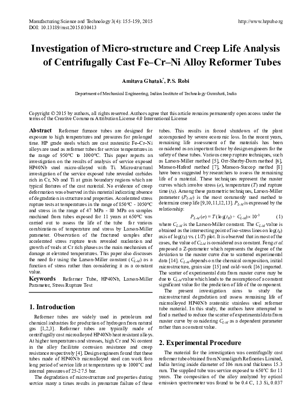 (PDF) Investigation of Micro-structure and Creep Life Analysis of ...