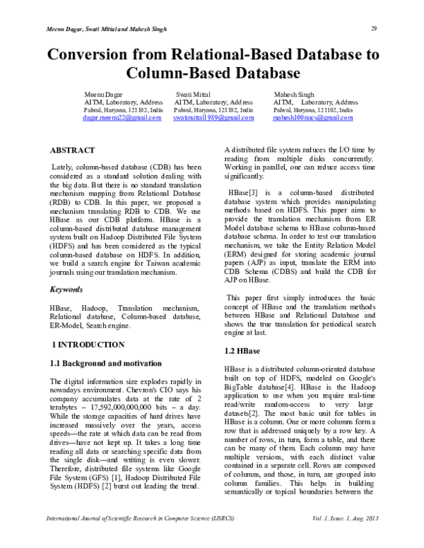 (PDF) Conversion from Relational-Based Database to Column-Based Database