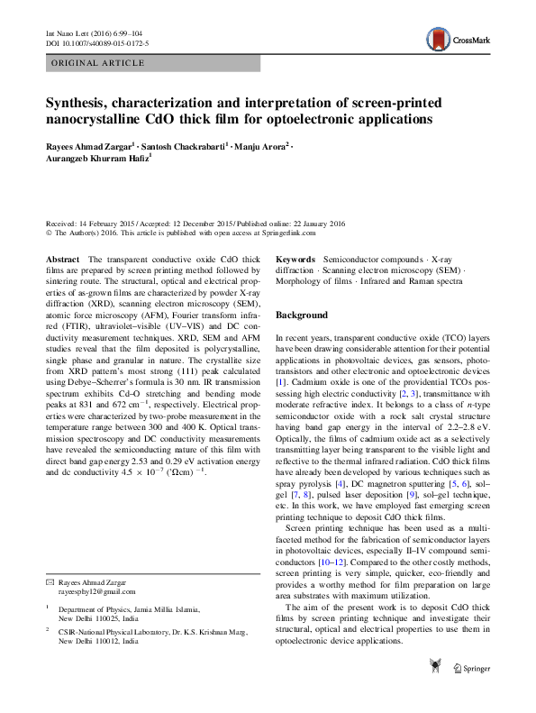 (PDF) Synthesis, characterization and interpretation of screen-printed nanocrystalline CdO thick ...