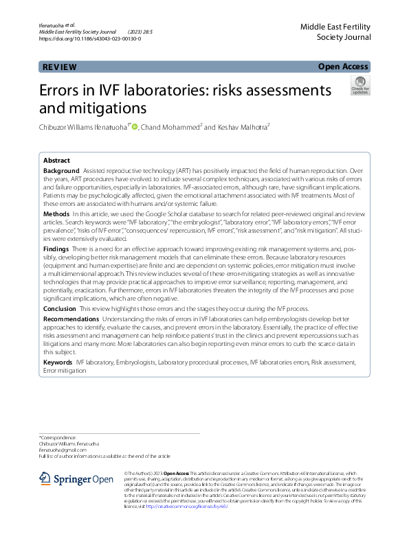 (PDF) Errors in IVF laboratories: risks assessments and mitigations