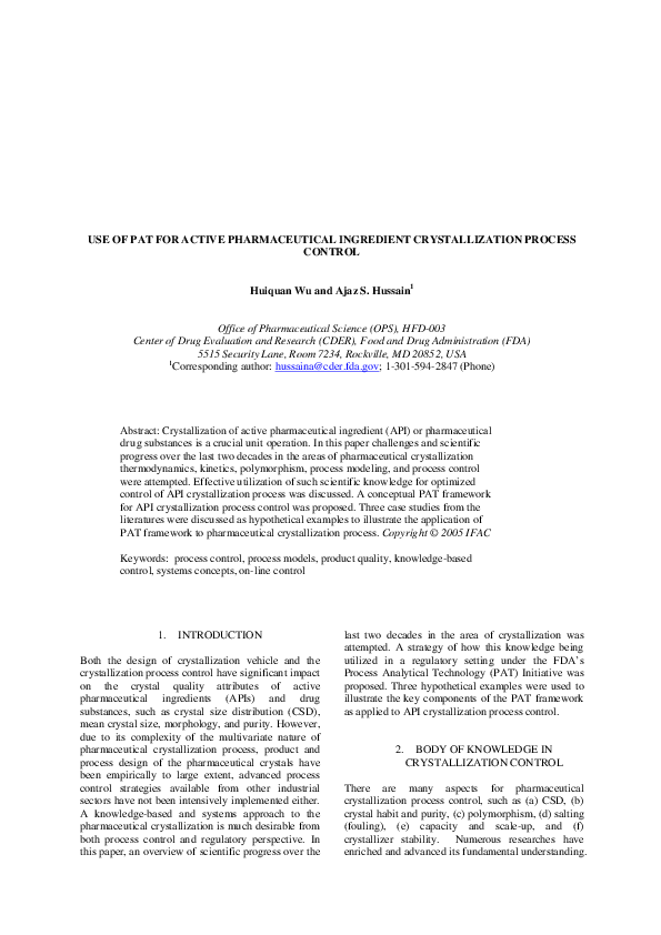 (PDF) Use of Pat for Active Pharmaceutical Ingredient Crystallization ...