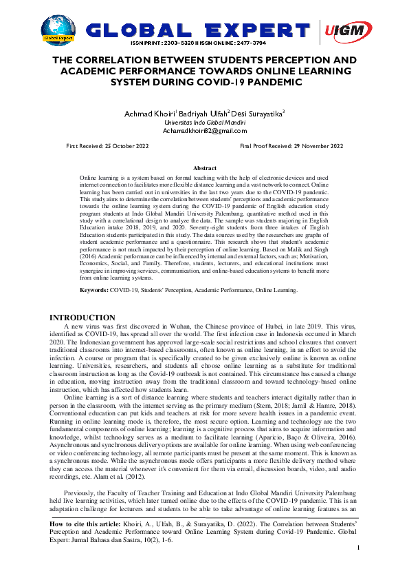 (PDF) The Correlation Between Students Perception and Academic Performance Towards Online ...
