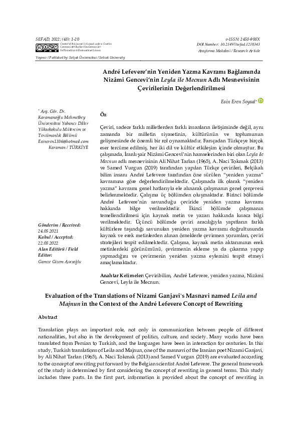 (PDF) (48/1) André Lefevere'nin Yeniden Yazma Kavramı Bağlamında Nizâmi ...