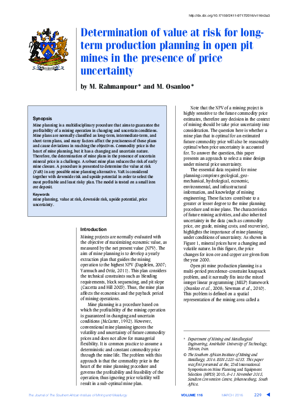 (PDF) Determination of value at risk for long-term production planning in open pit mines in the ...