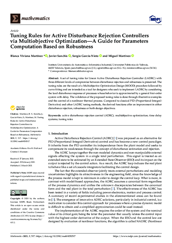 (PDF) Tuning Rules for Active Disturbance Rejection Controllers via Multiobjective Optimization ...