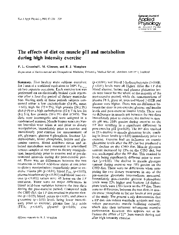 (PDF) The effects of diet on muscle pH and metabolism during high ...