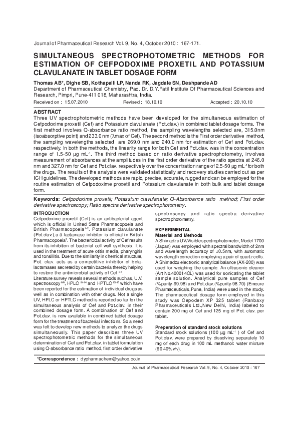 (PDF) Simultaneous Spectrophotometric Methods for Estimation of ...