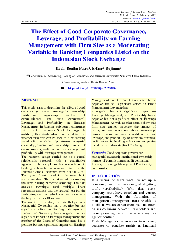 (PDF) The Effect of Good Corporate Governance, Leverage, and Profitability on Earning Management ...