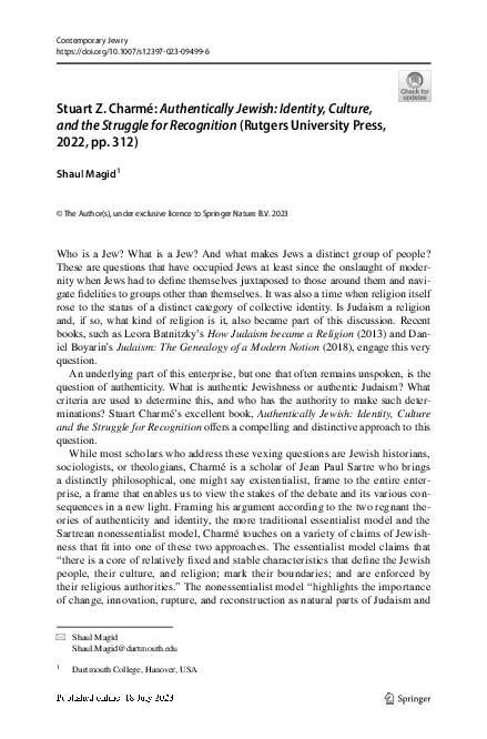 (PDF) Shaul Magid - Review of Stuart Z. Charmé: Authentically Jewish ...