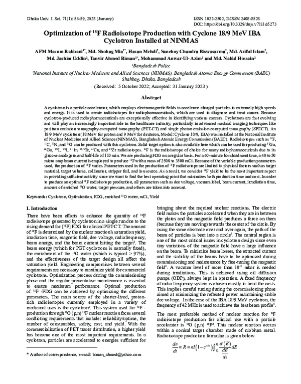 (PDF) Optimization of 18F Radioisotope Production with Cyclone 18/9 MeV ...