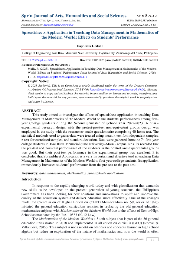 (PDF) Spreadsheets Application in Teaching Data Management in Mathematics of the Modern World ...