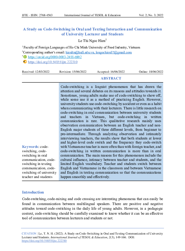 (PDF) A Study on Code-Switching in Oral and Texting Interaction and Communication of University ...