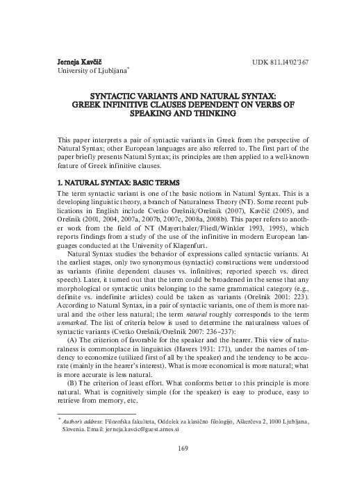(PDF) Syntactic variants and natural syntax : Greek infinitive clauses ...