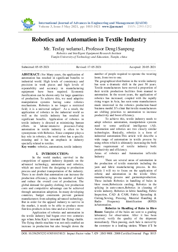 (PDF) Robotics and Automation in Textile Industry