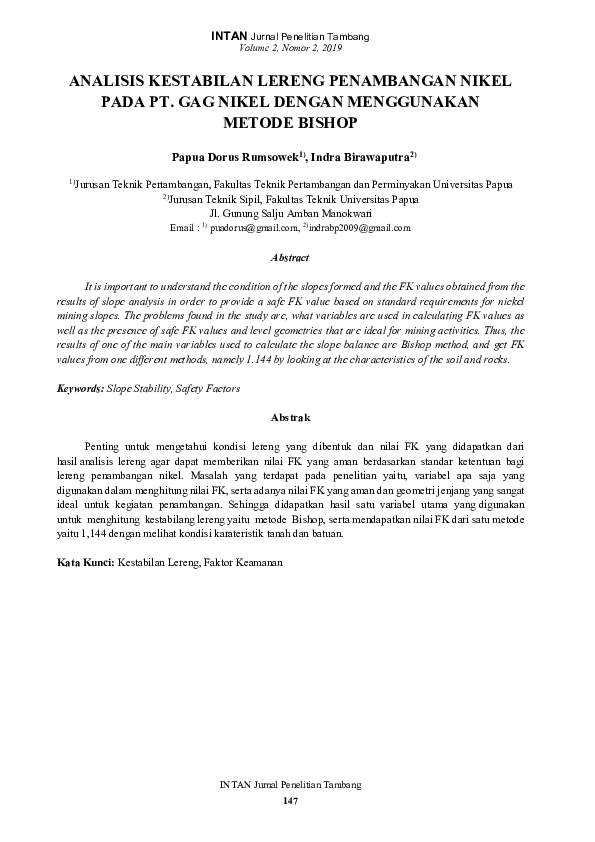 (PDF) Analisis Kestabilan Lereng Penambangan Nikel Pada Pt. Gag Nikel Dengan Menggunakan Metode ...