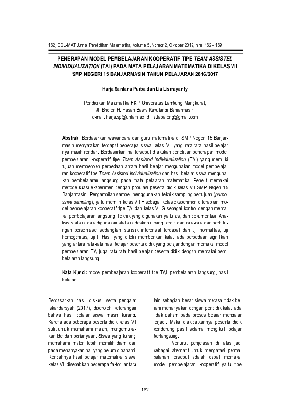 (PDF) Penerapan Model Pembelajaran Kooperatif Tipe Team Assisted Individualization (Tai) Pada ...