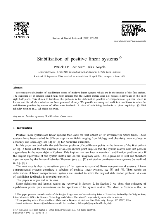 (PDF) Stabilization of positive linear systems