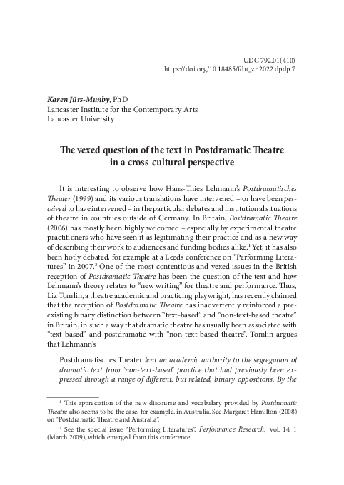 (PDF) The Vexed Question of the Text in Postdramatic Theatre in a Cross ...