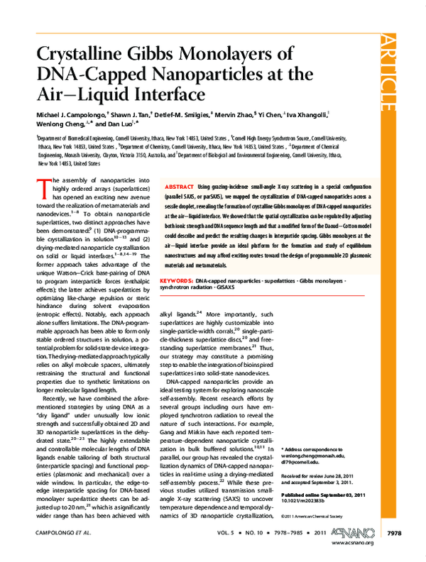 (PDF) Crystalline Gibbs Monolayers of DNA-Capped Nanoparticles at the Air–Liquid Interface