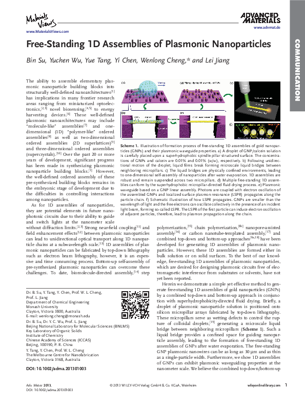 (PDF) Free-Standing 1D Assemblies of Plasmonic Nanoparticles | Wenlong ...