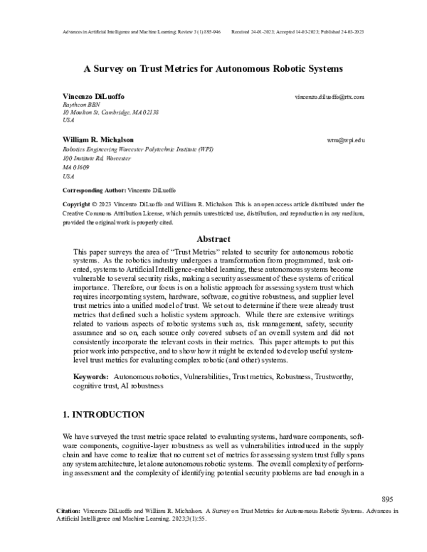 Pdf A Survey On Trust Metrics For Autonomous Robotic Systems