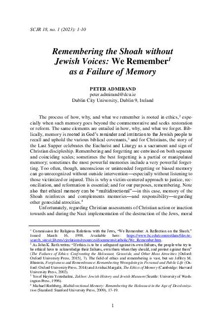 (PDF) Remembering the Shoah without Jewish Voices: We Remember 1 as a Failure of Memory