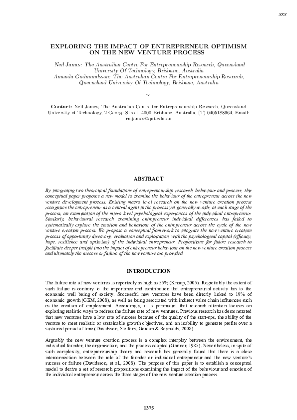 (PDF) Exploring the impact of entrepreneur optimism on the new venture ...