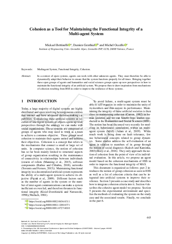 (PDF) Cohesion as a Tool for Maintaining the Functional Integrity of a Multi-agent System