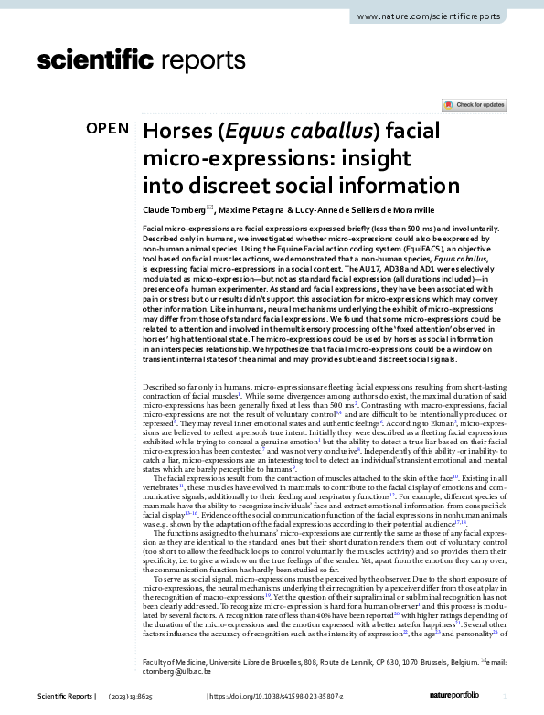 (PDF) Horses (Equus caballus) facial micro-expressions: insight into ...