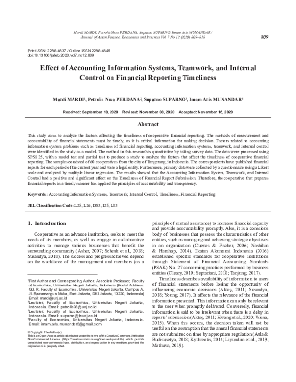 (PDF) Effect of Accounting Information Systems, Teamwork, and Internal ...