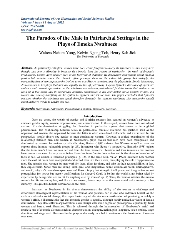 (PDF) The Paradox of the Male in Patriarchal Settings in the Plays of ...