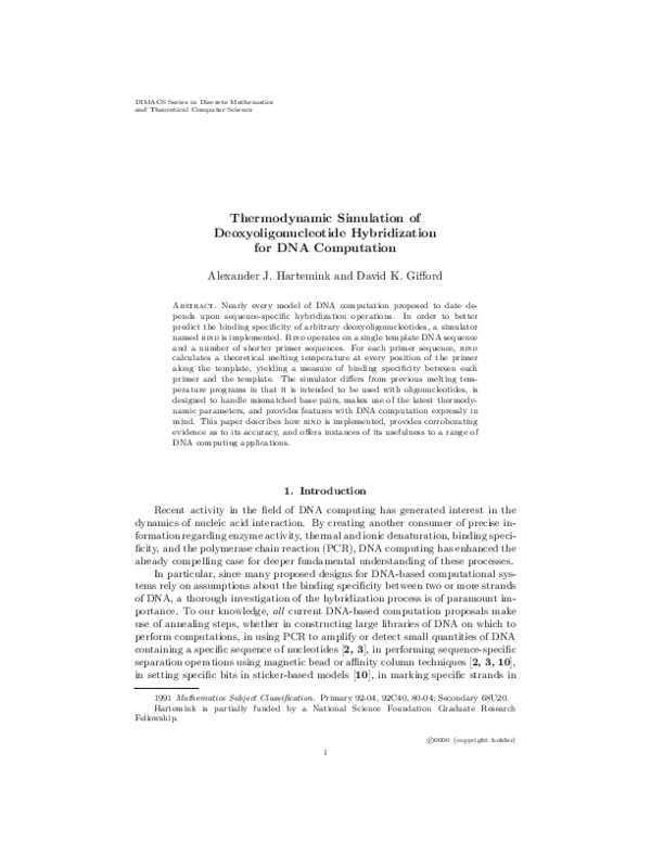 (PDF) Thermodynamic simulation of deoxyoligonucleotide hybridization for DNA computation
