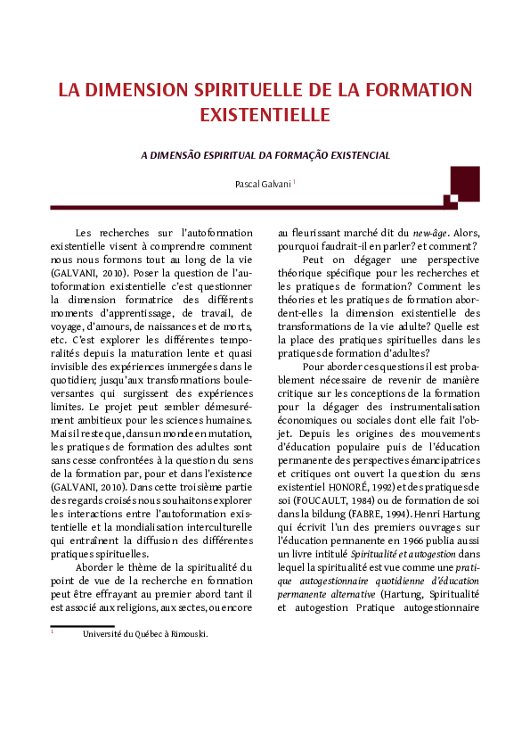 (PDF) La Dimension Spirituelle de la Formation Existentielle