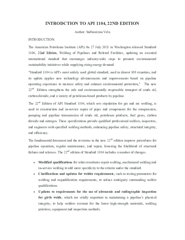 (PDF) INTRODCTION TO API 1104, 22ND EDITION