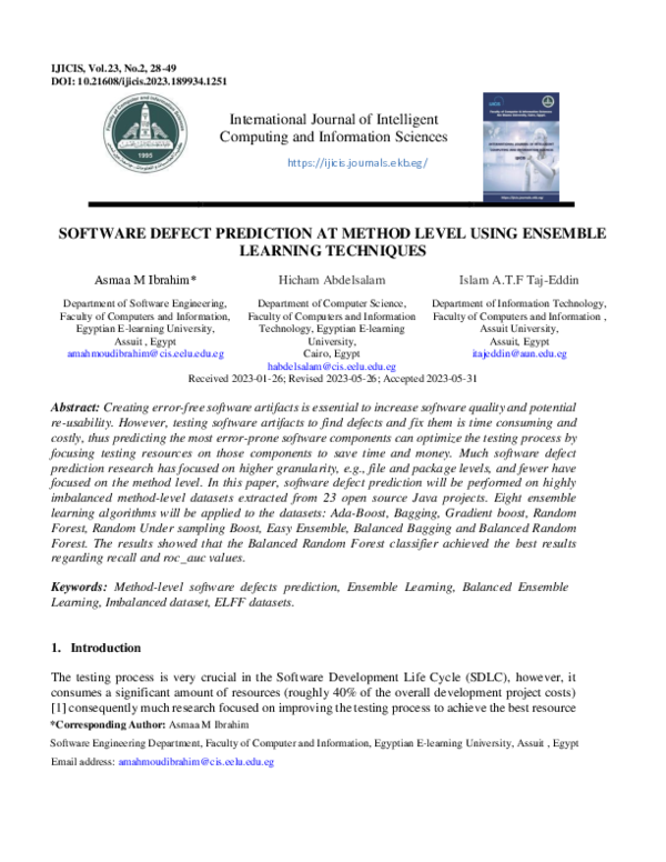 Pdf Software Defects Prediction At Method Level Using Ensemble Learning Techniques 