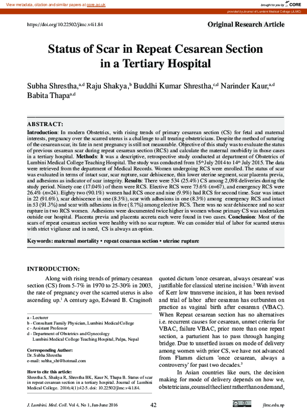 (PDF) Status of Scar in Repeat Cesarean Section in a Tertiary Hospital