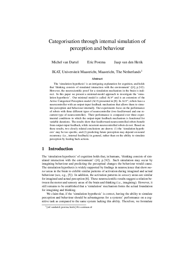 (PDF) Categorisation through internal simulation of perception and behaviour | Eric Postma ...