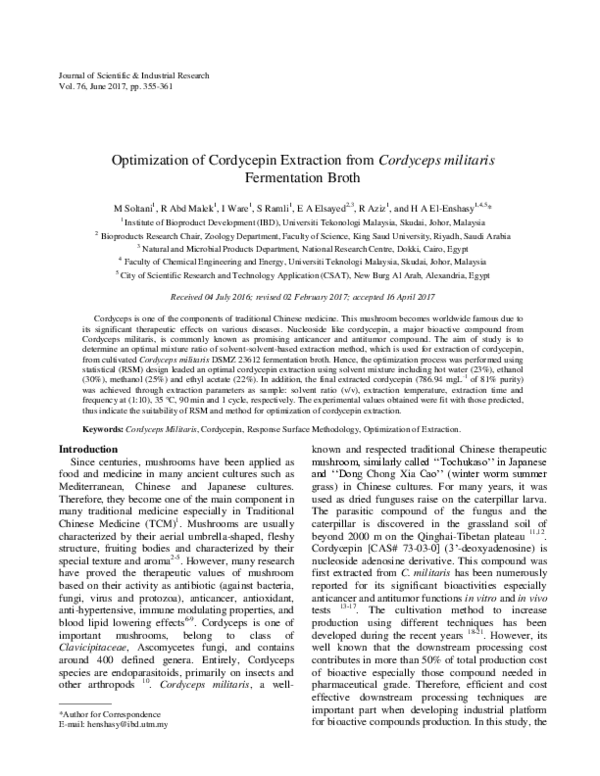 (PDF) Optimization of cordycepin extraction from cordyceps militaris ...