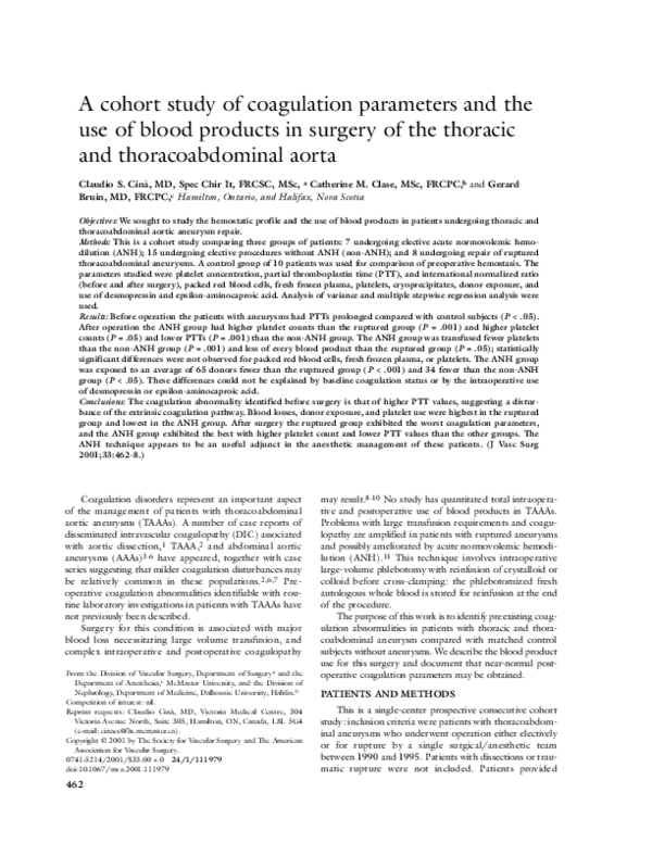 (PDF) A cohort study of coagulation parameters and the use of blood ...