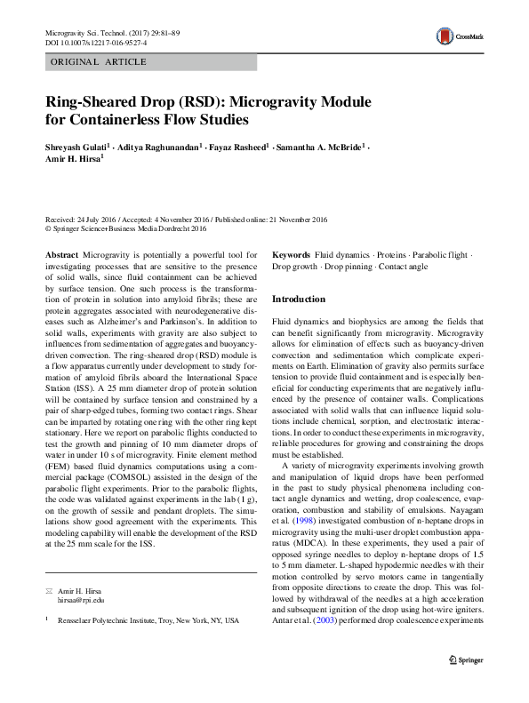(PDF) Ring-Sheared Drop (RSD): Microgravity Module for Containerless ...